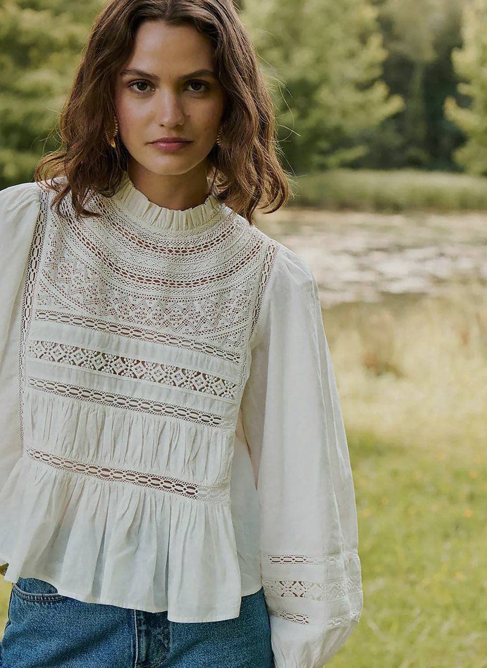 100% Cotton Ruffled High-Neck Blouse with Lace Insert & Puffed Sleeves ...